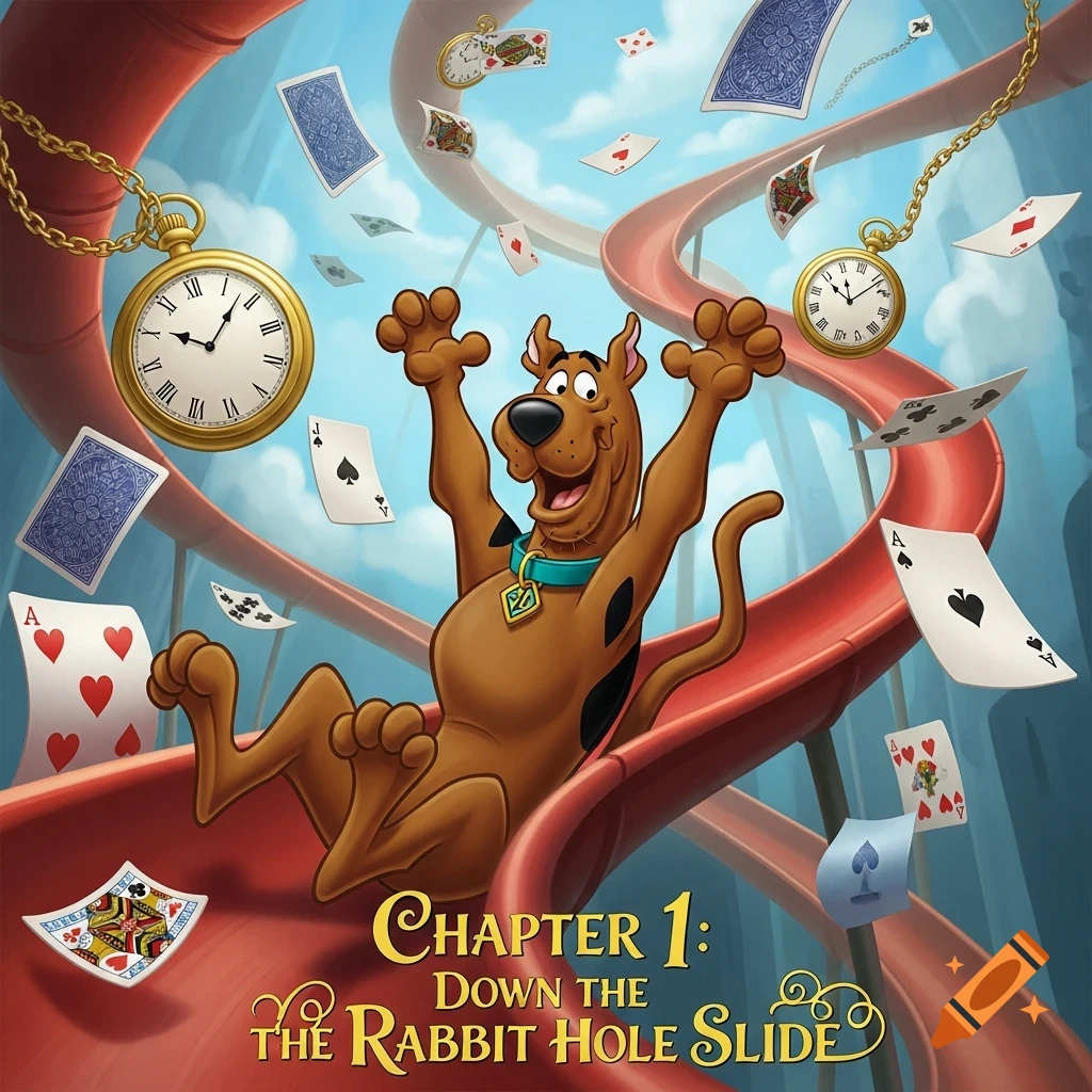 Scooby Doo slides down a red rabbit hole slide, surrounded by floating ...