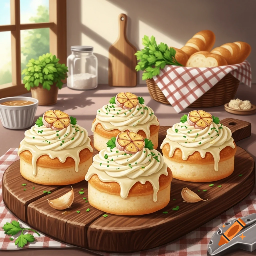 Four stylized garlic-topped cupcakes on a wooden board with bread and ...