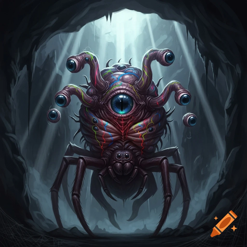 A grotesque spider-beholder hybrid monster with many eyes and a spider ...