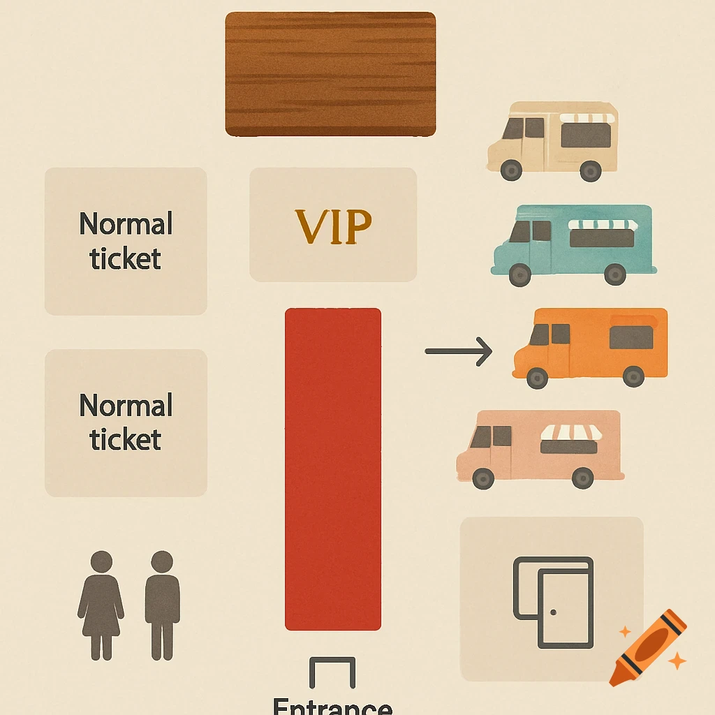 A minimalist venue map illustration with a wooden stage, 'VIP' and ...