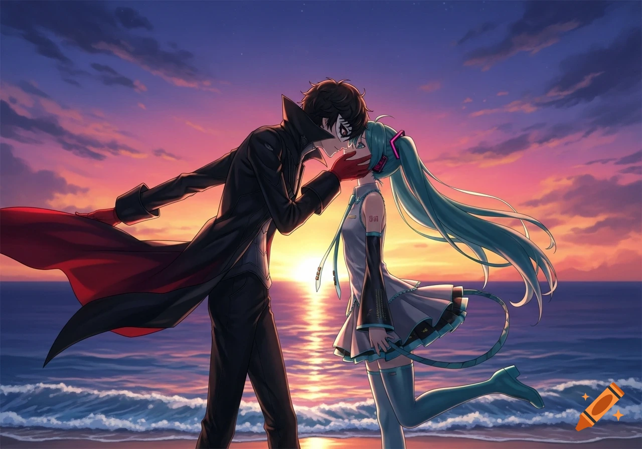 Joker from Persona 5 kissing Hatsune Miku on a beach at sunset, with a ...
