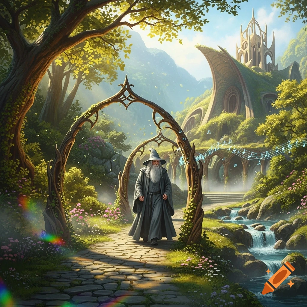 A wizard with a long beard and pointed hat walks through a magical ...