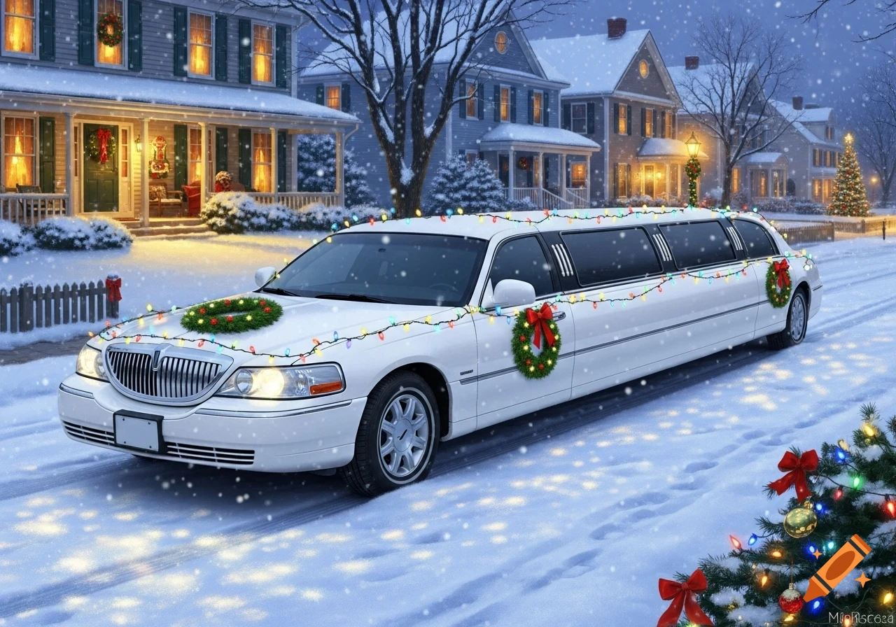White stretch limousine decorated with Christmas lights and wreaths on ...