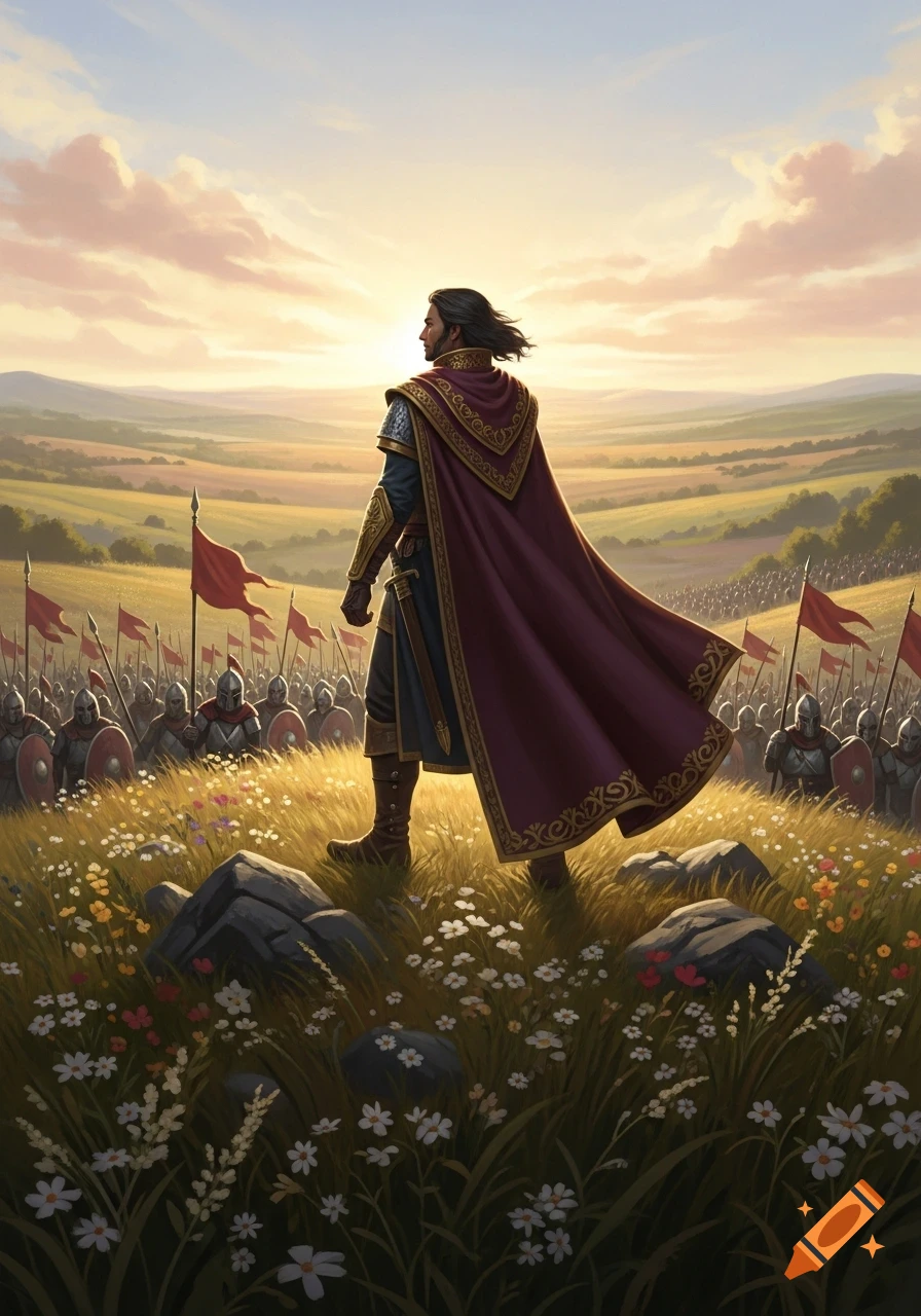 An illustrated male leader in a cape overlooks his army in a grassy ...