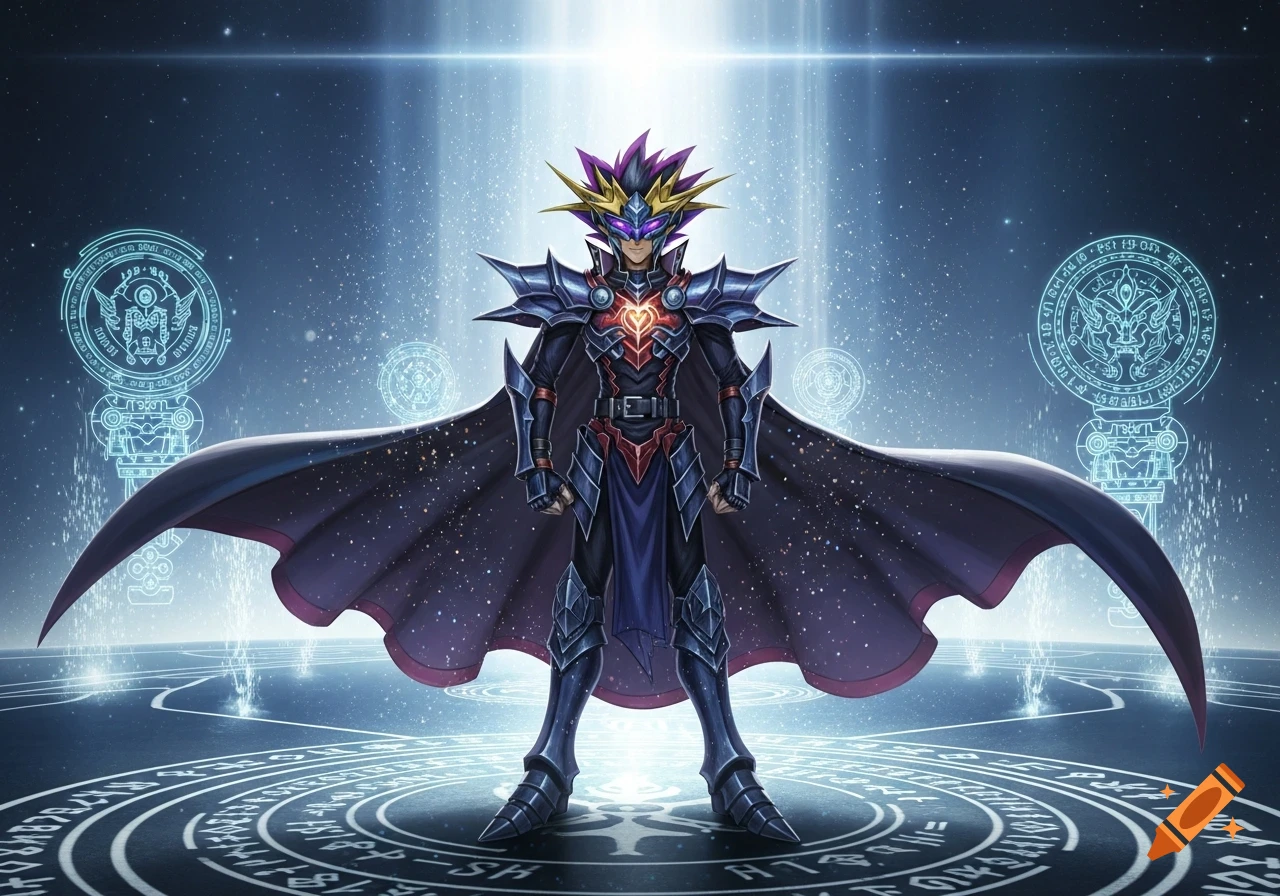 Anime-style hero in dark armor and cape with glowing red chest symbol ...