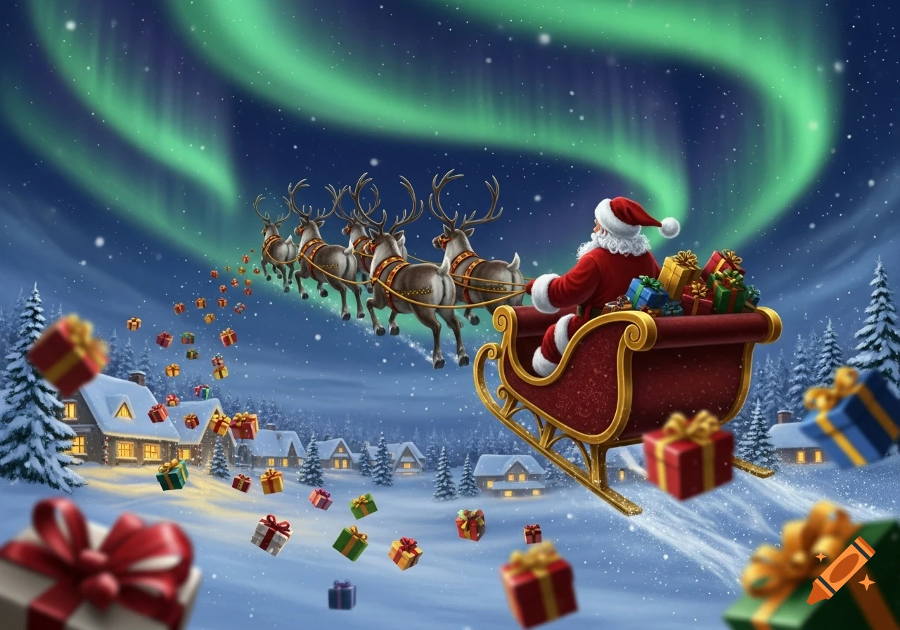 Santa Claus flies his sleigh pulled by reindeer over a snowy village ...