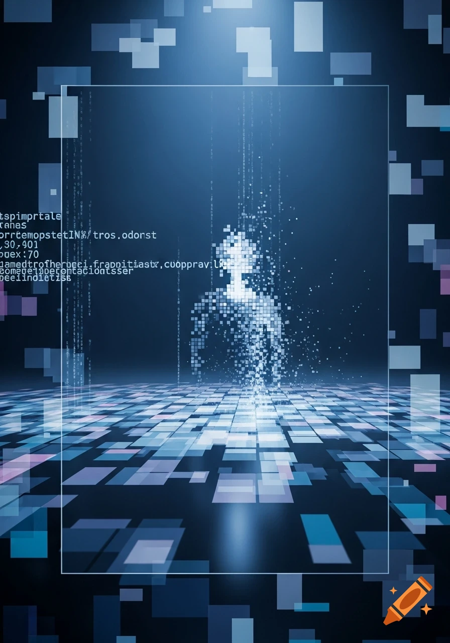 A pixelated human figure dissolving into data in a dark, glowing ...