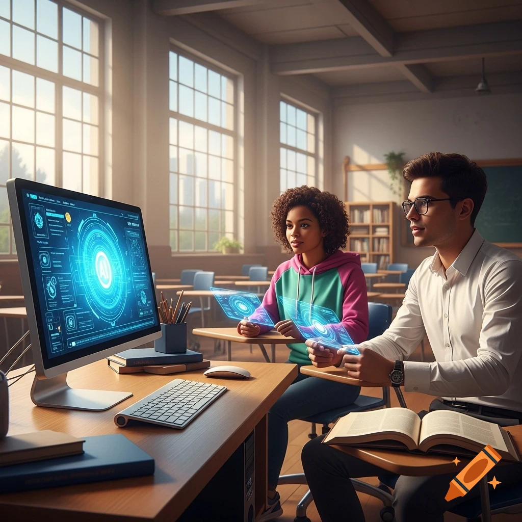 Two students, a man and a woman, learn about AI in a sunlit classroom, using a computer with a ...