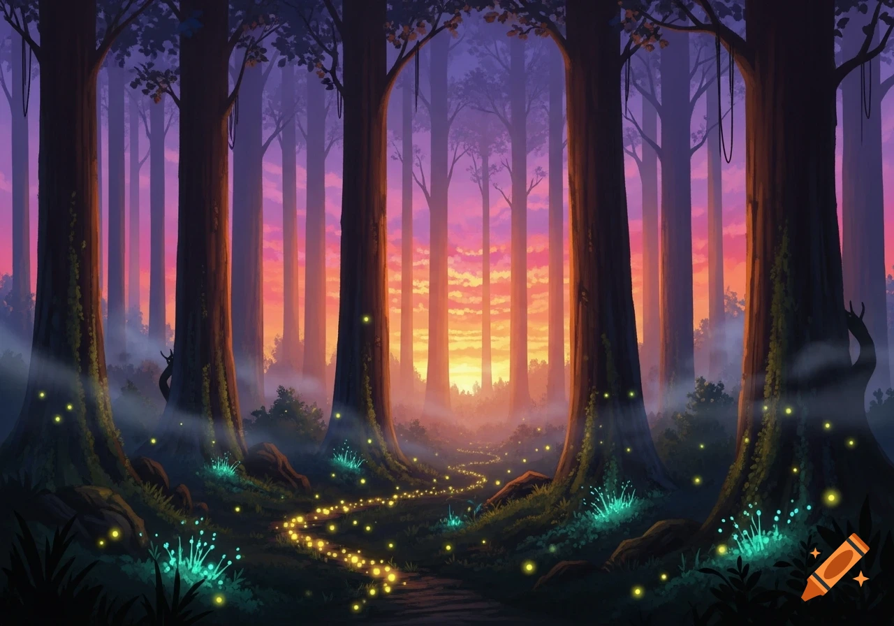 Fantasy illustration of a twilight forest with tall trees, glowing path ...