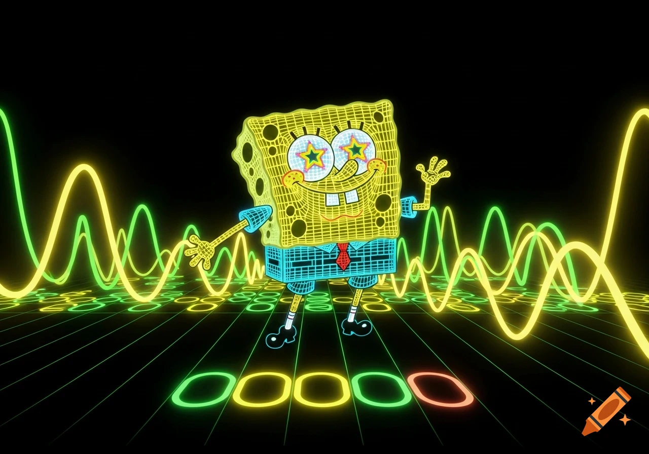 Wireframe SpongeBob SquarePants with star eyes stands on a glowing neon ...