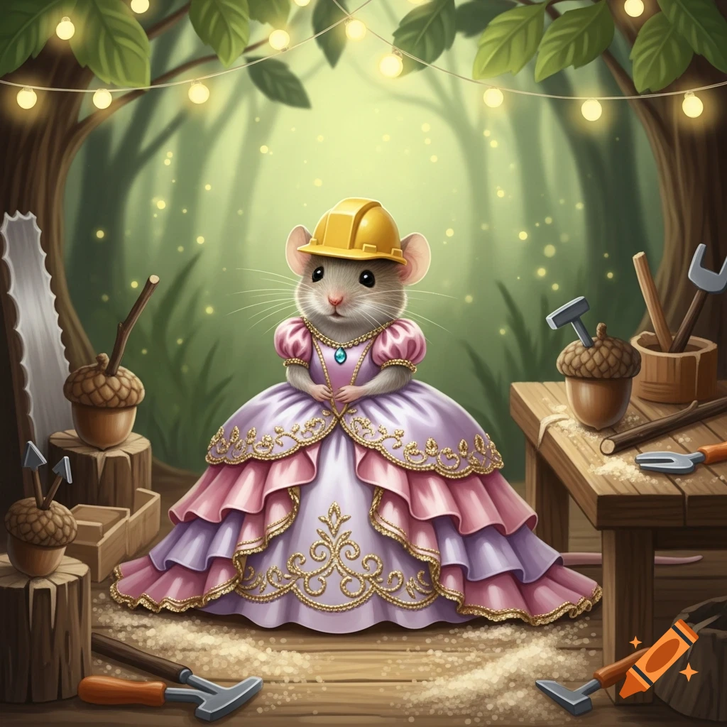 A cute mouse wearing a pink and purple princess gown and a yellow ...