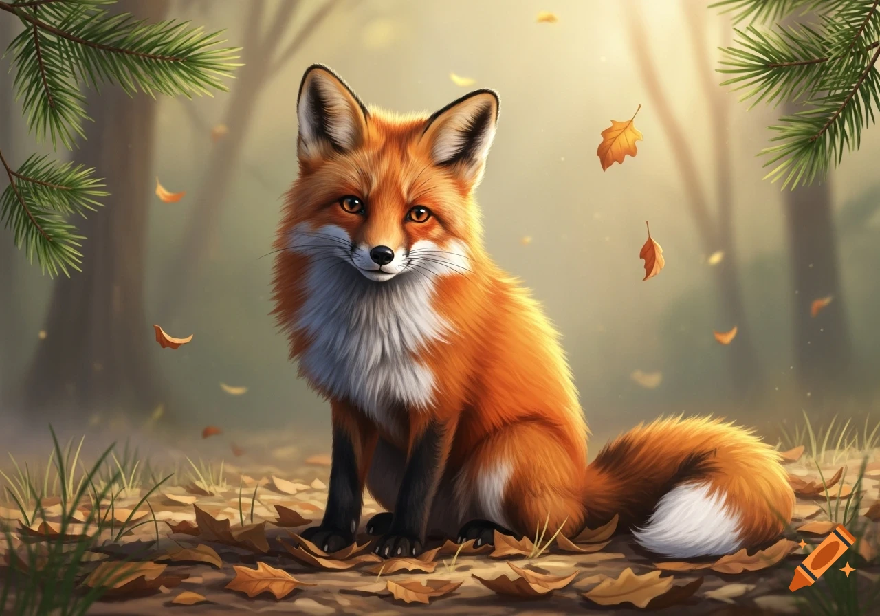 A vibrant red fox with white fur sits among fallen autumn leaves in a ...