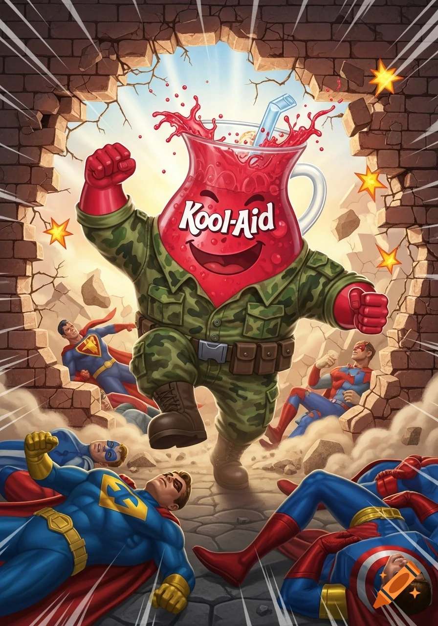 Kool-Aid Man in military fatigues bursts through a brick wall, standing ...