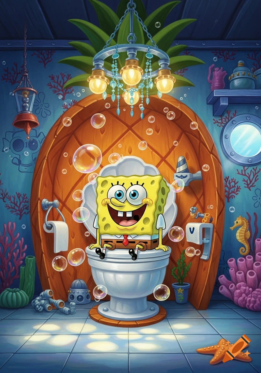 SpongeBob SquarePants sits on a toilet in a pineapple-themed underwater ...
