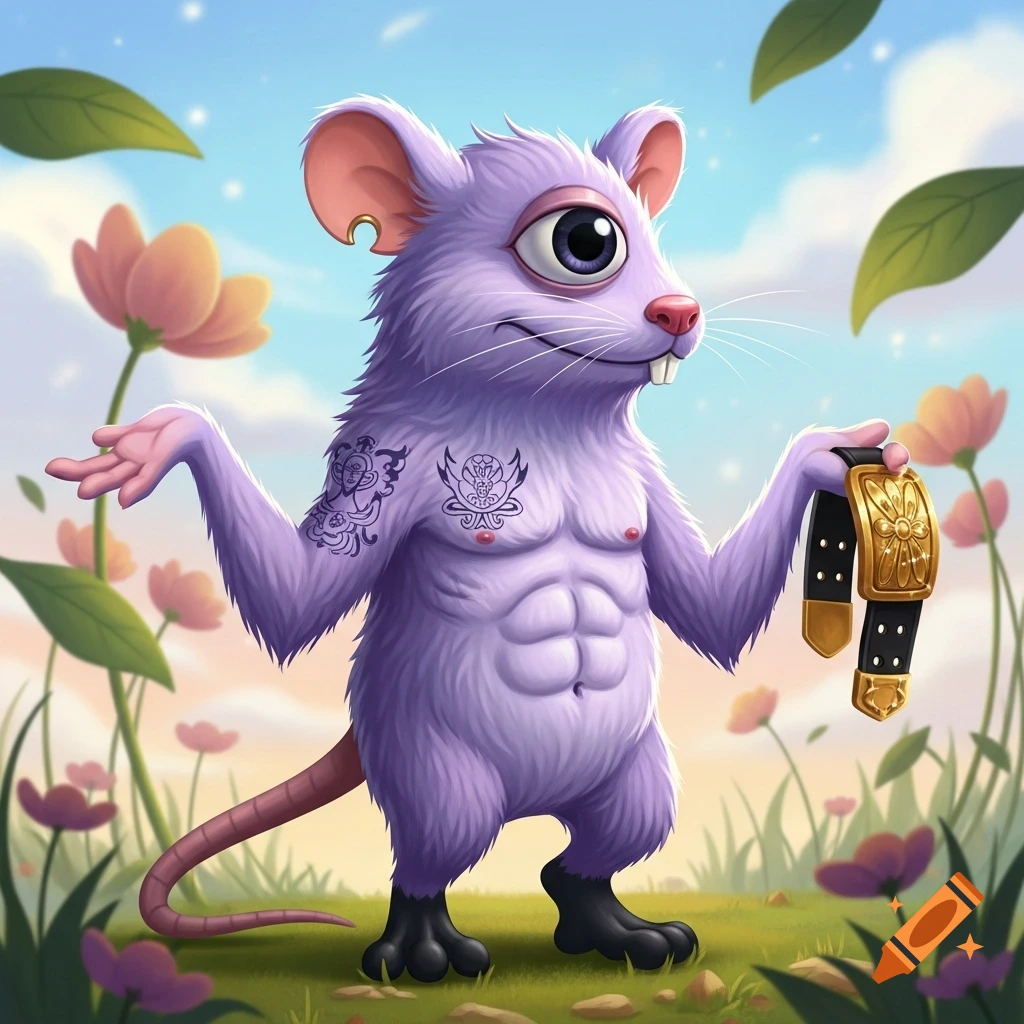 A cute fluffy purple rat monster with one eye, a six-pack, tattoos, and ...