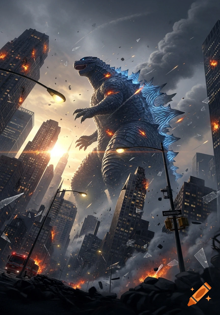 Godzilla roars while destroying a city, with explosions and debris ...