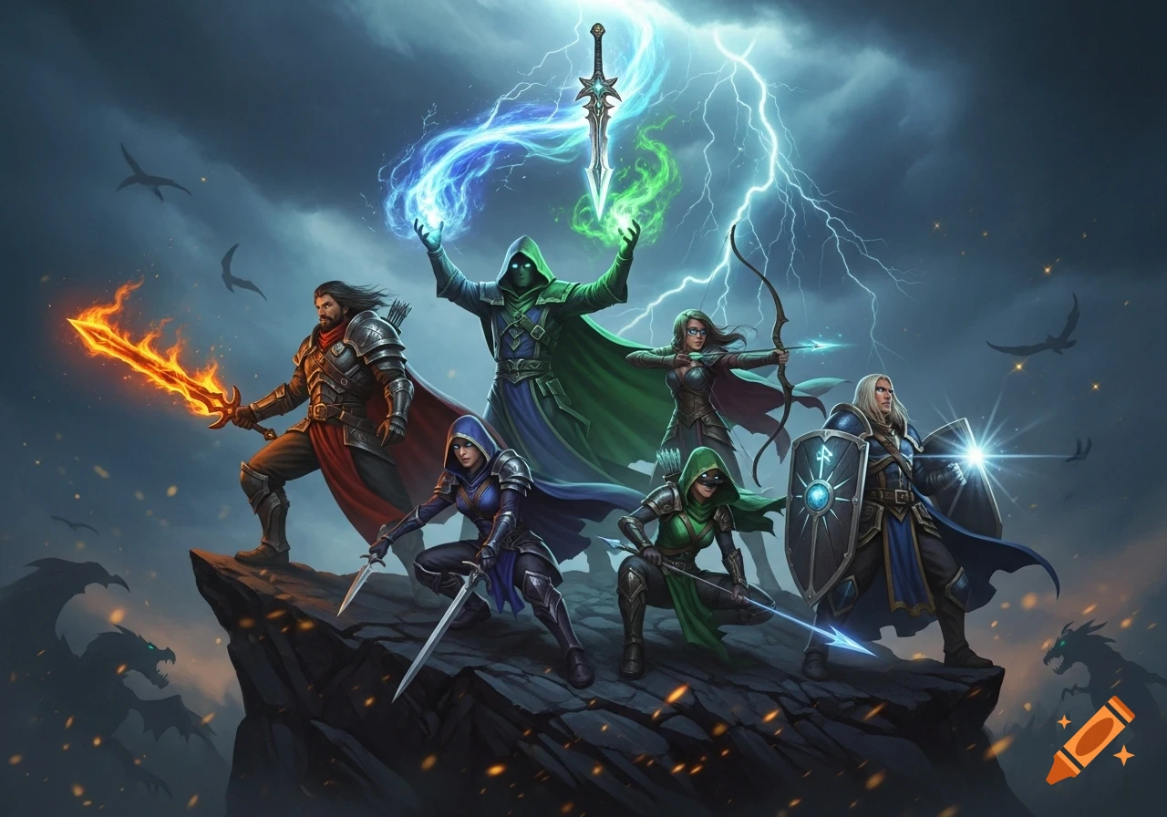 Six fantasy heroes stand on a rocky peak under a stormy sky with ...