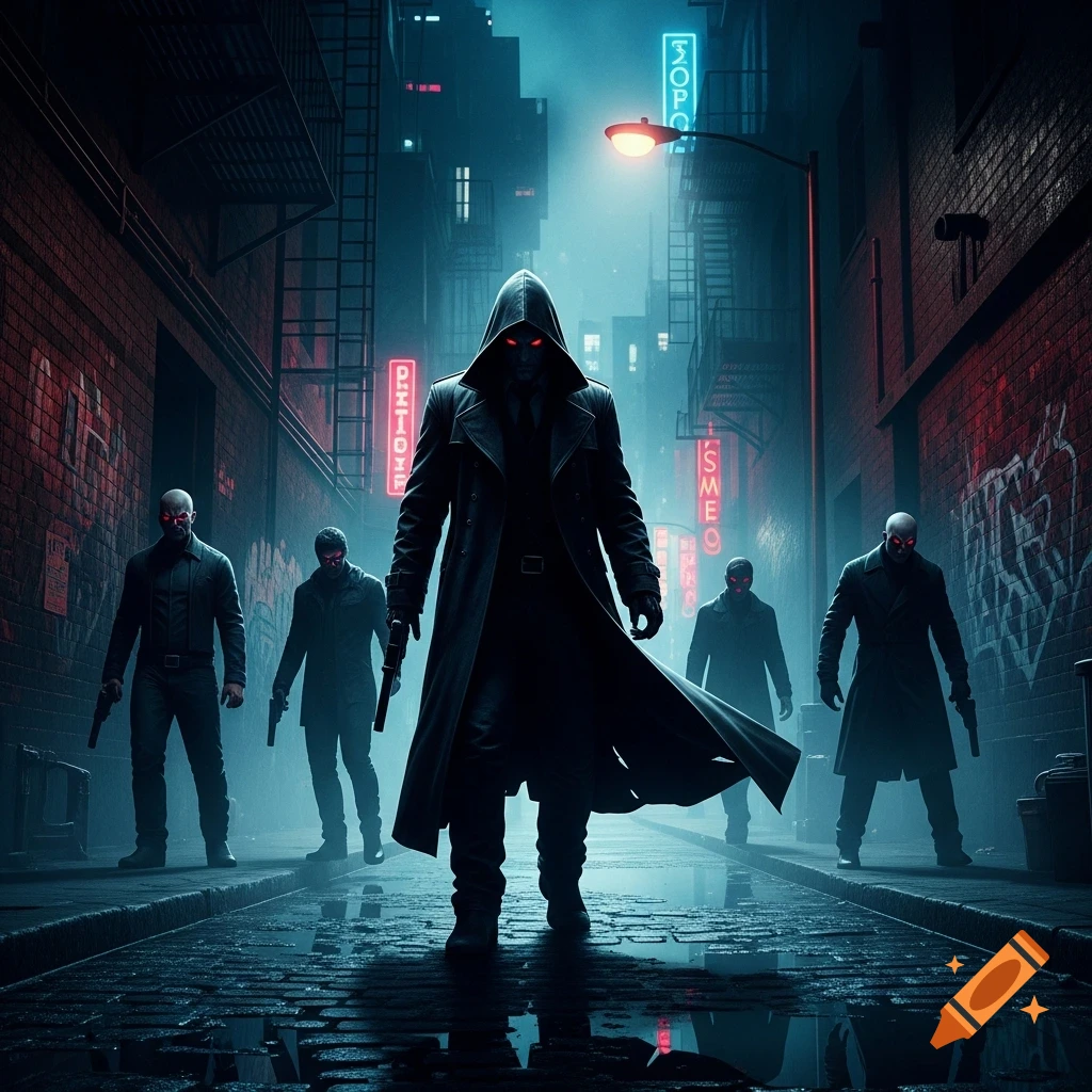 A hooded figure leads a group of men with glowing red eyes and pistols ...