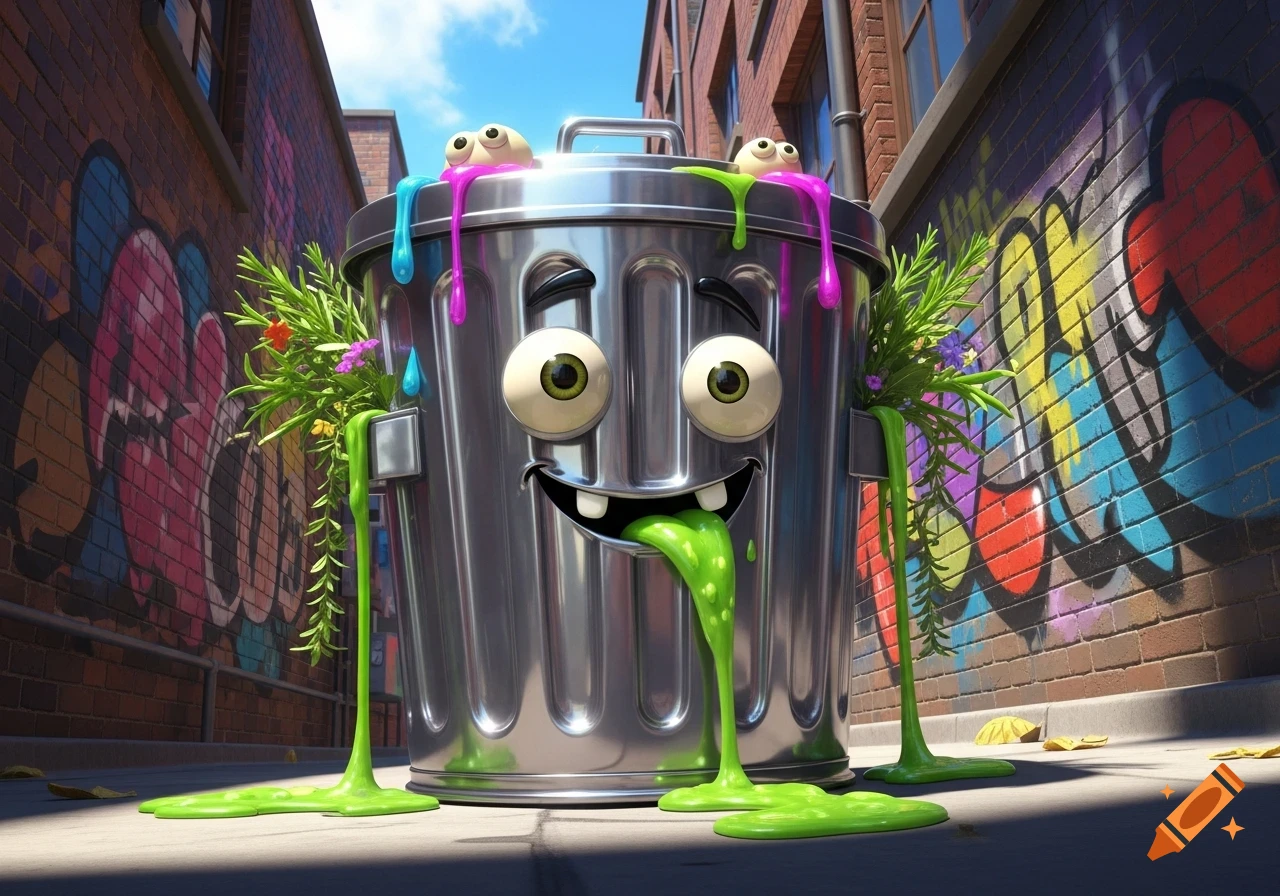 Cartoonish silver trash can with big eyes, smile, and green slime oozing in a graffiti-covered ...