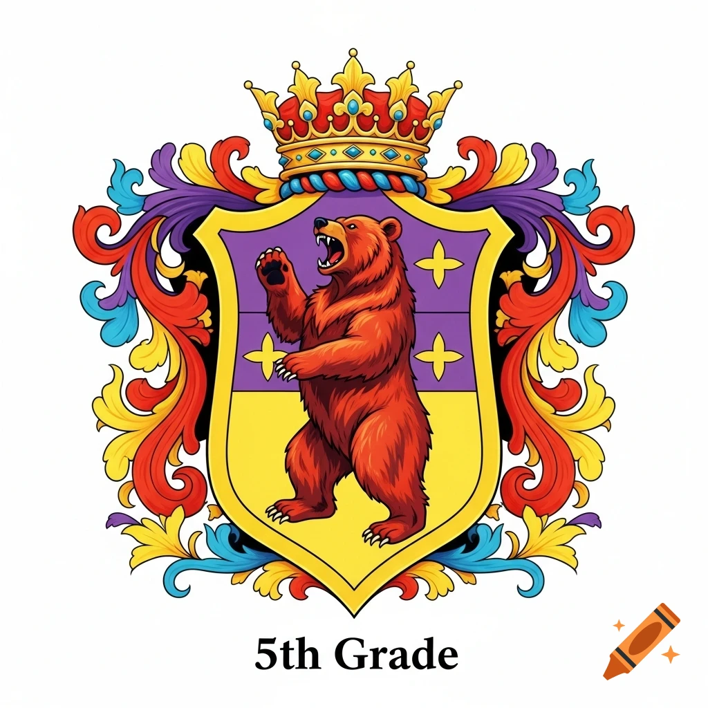 A vibrant heraldic crest featuring a roaring brown bear on a yellow and ...