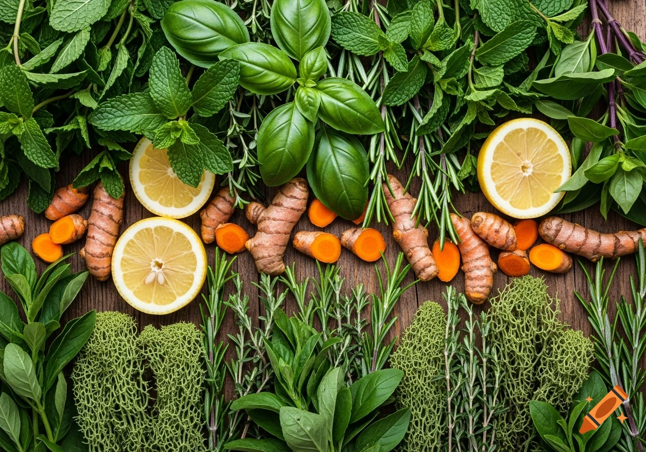 A vibrant overhead shot of fresh mint, basil, rosemary, turmeric roots ...