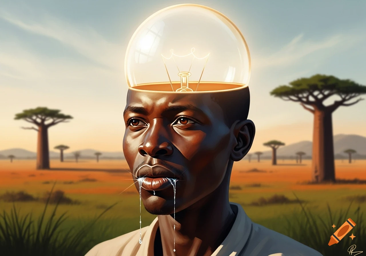 A surreal digital artwork of a man with a lightbulb for a head ...