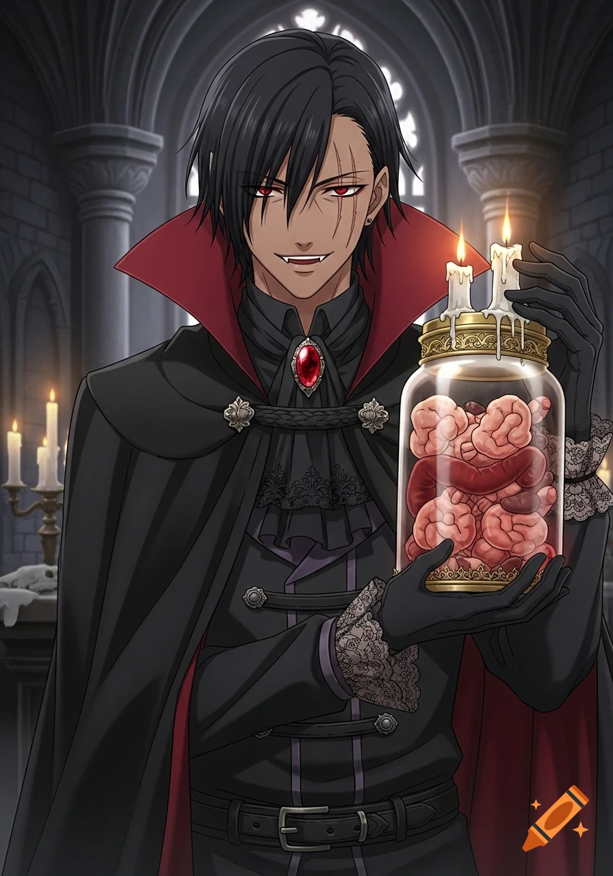 Black-haired anime vampire with fangs and red eyes, wearing Victorian ...