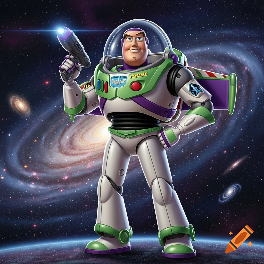 Buzz Lightyear in his white, green, and purple space suit stands in a ...