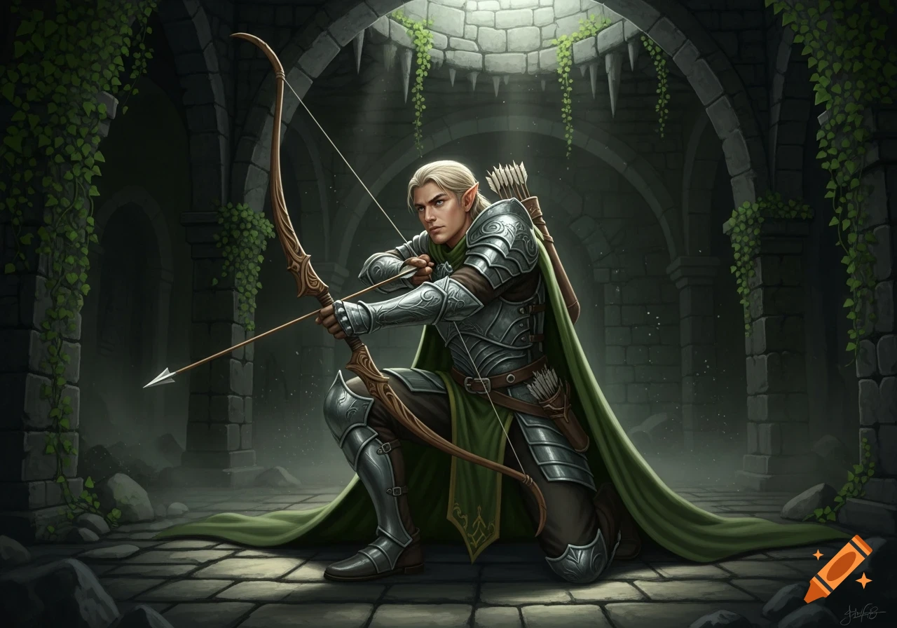 A male elf ranger in green and silver armor kneels, aiming a longbow in ...