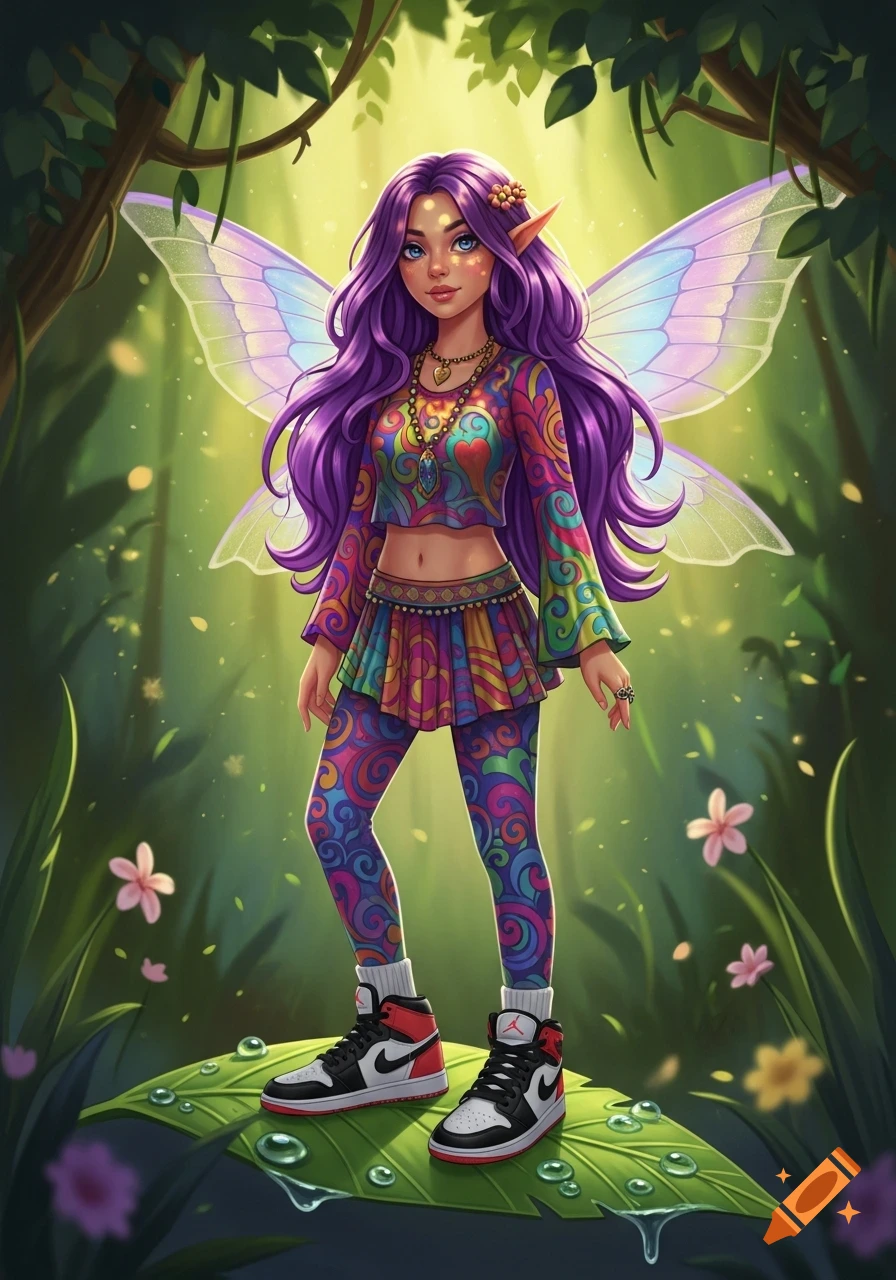 A vibrant illustration of a purple-haired fairy girl in a colorful ...