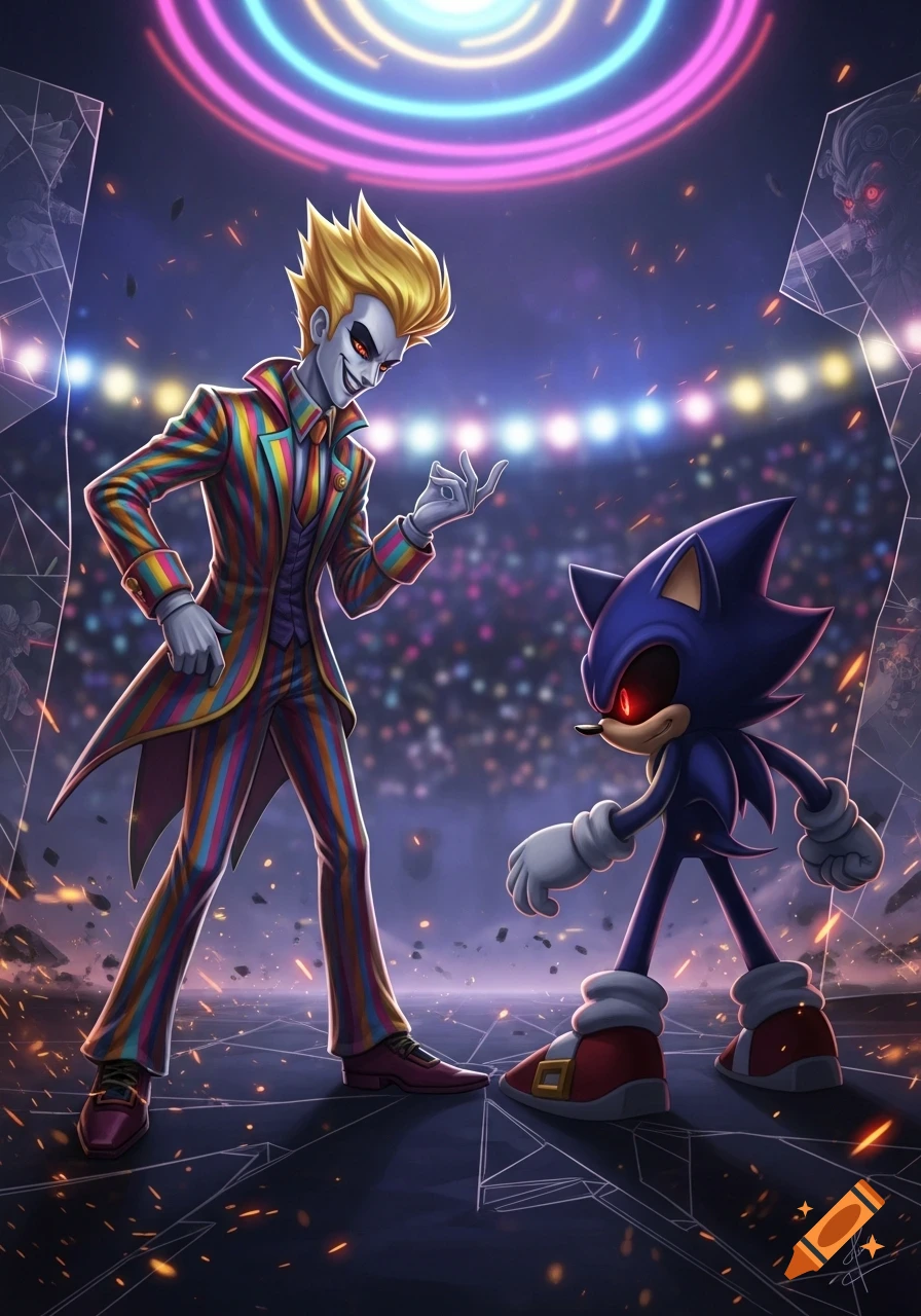 Caine from The Amazing Digital Circus in a colorful striped suit stands ...