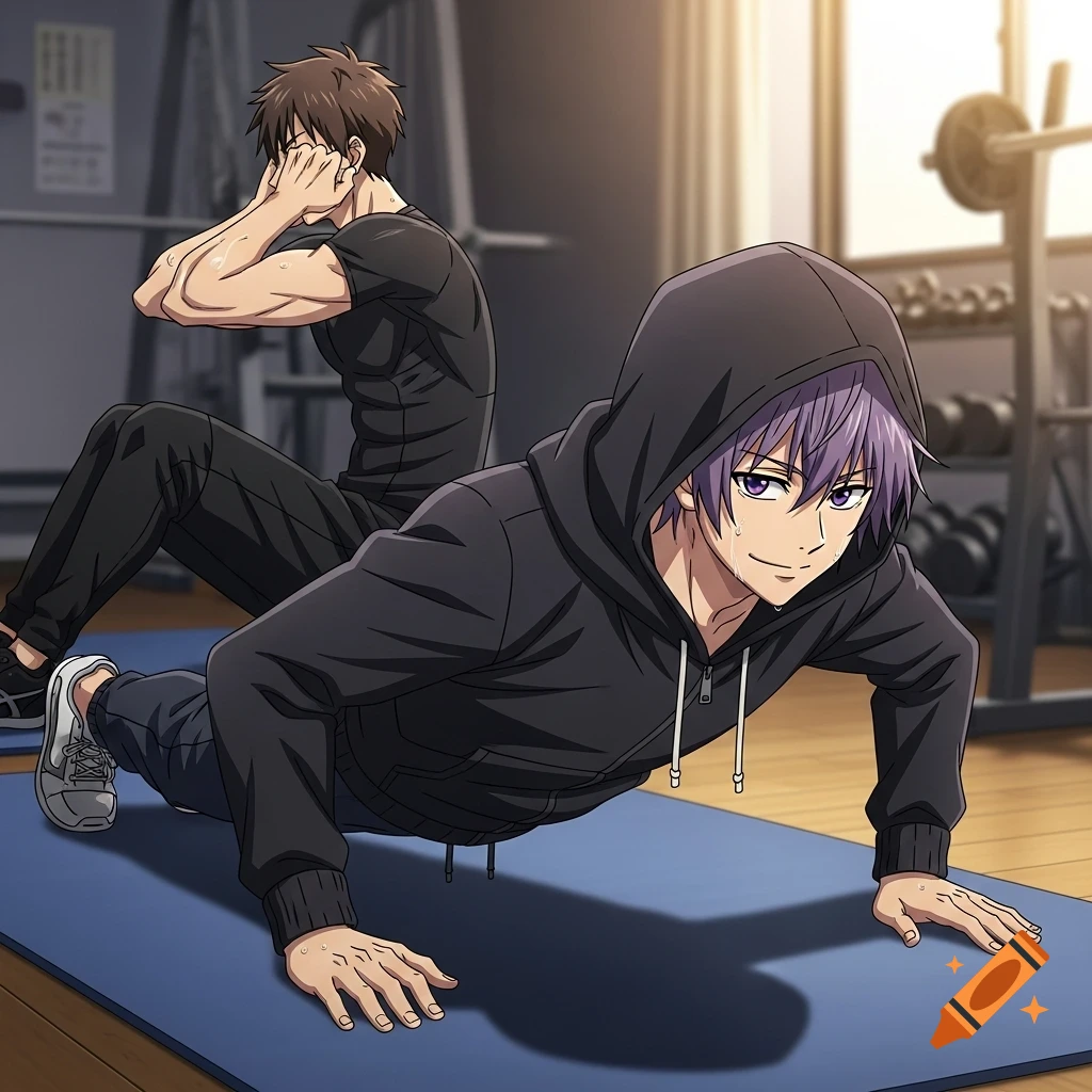 Two anime boys training in a gym, one doing push-ups while the other ...