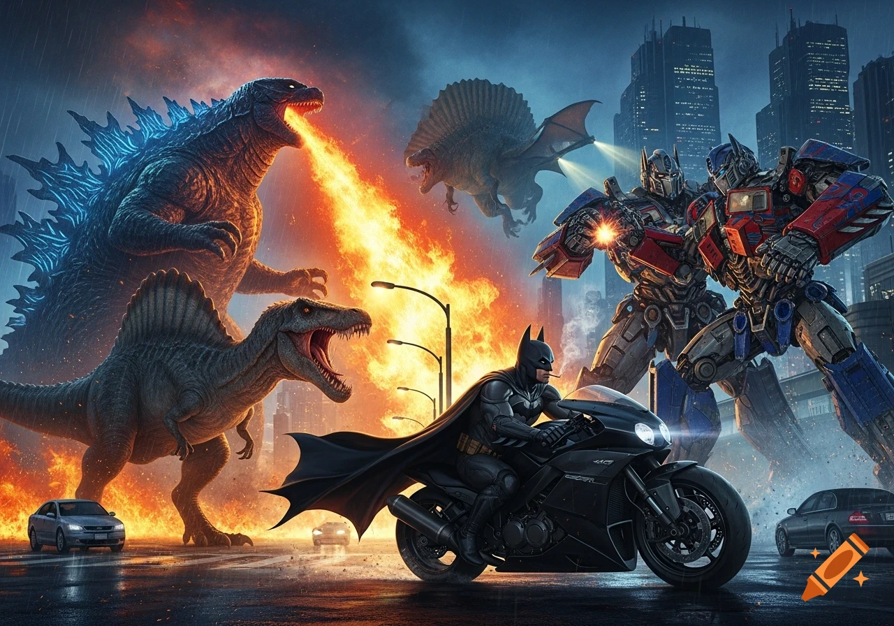 Batman on a motorcycle with Godzilla, a Spinosaurus, and two ...