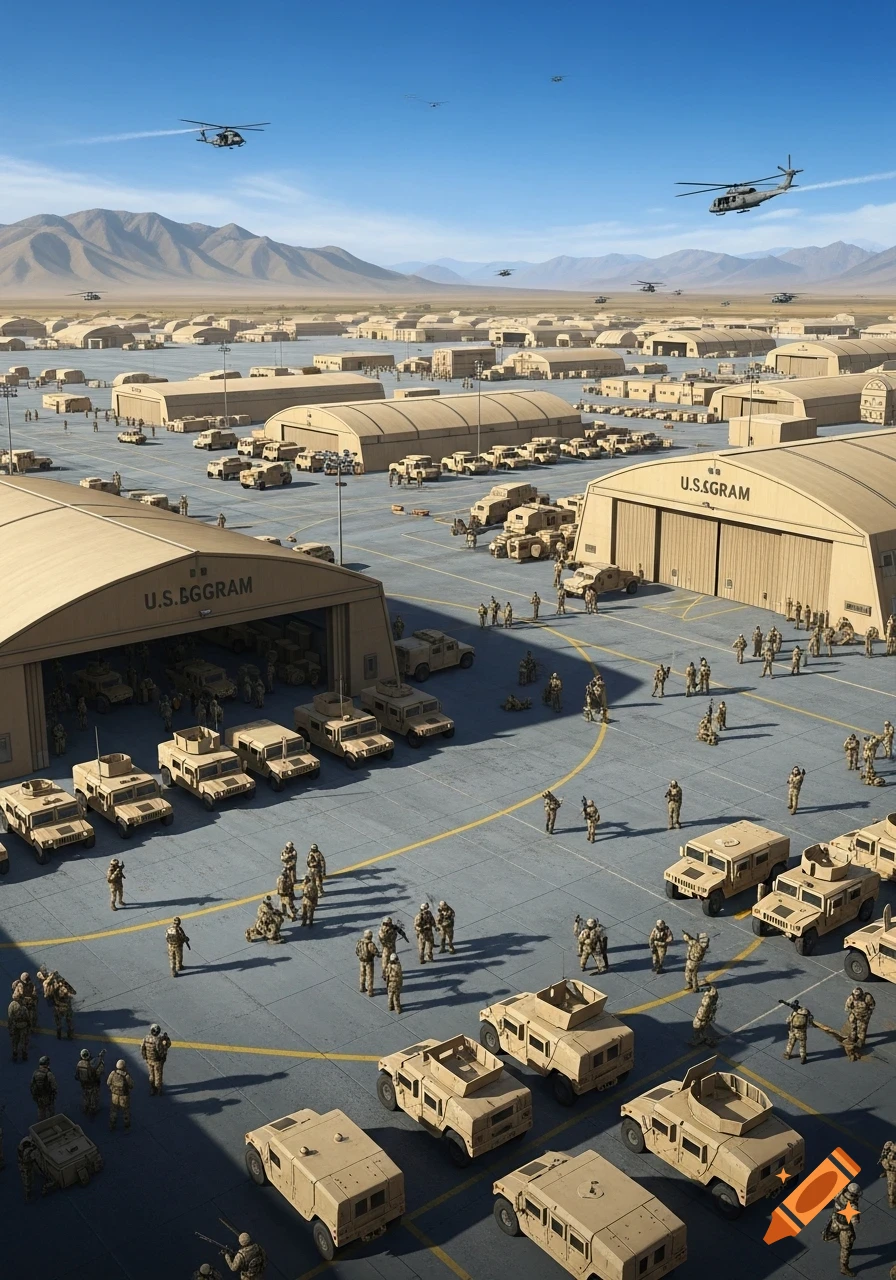 An aerial view of a desert US military base with numerous tan hangars ...