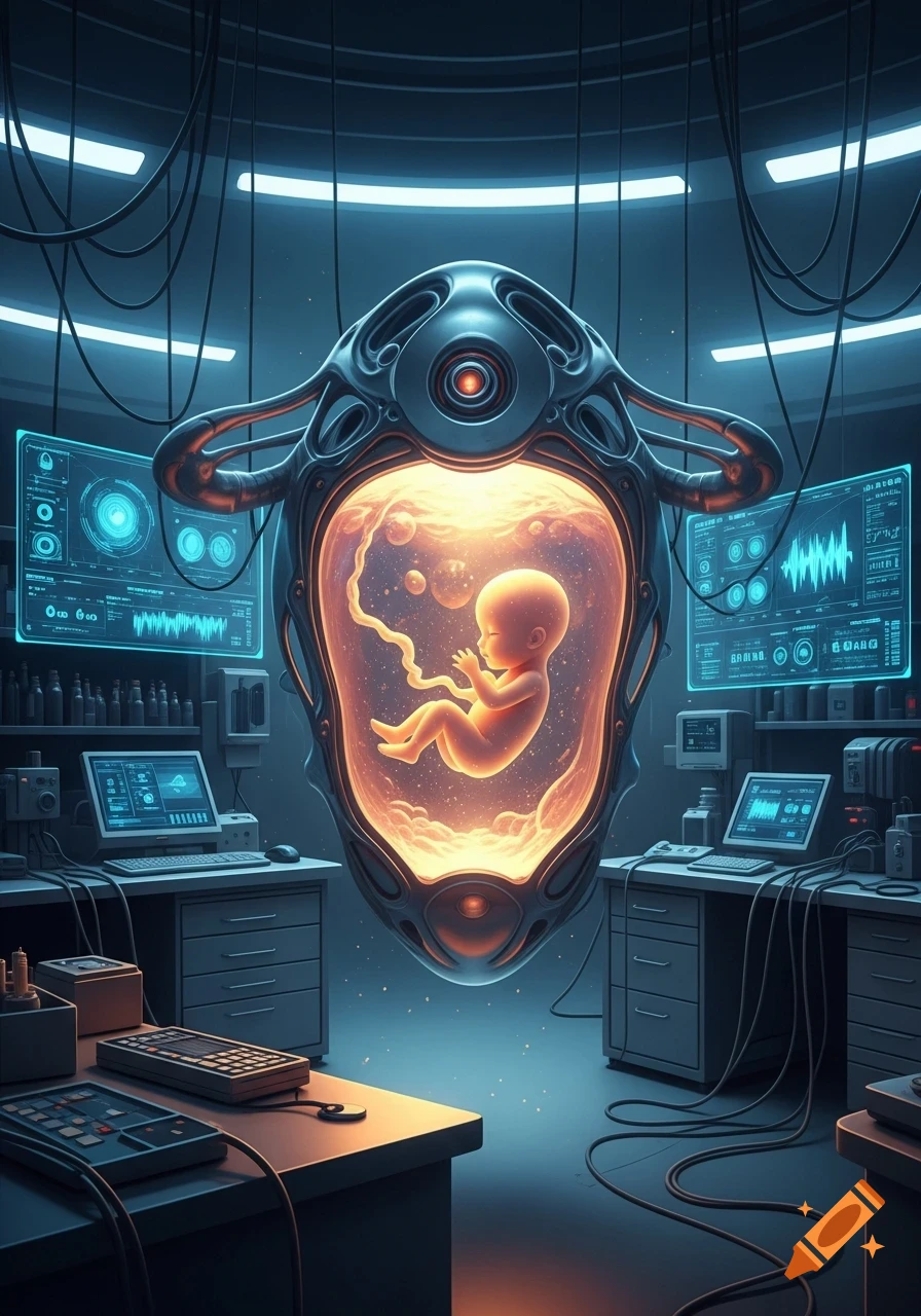 A glowing baby inside a futuristic artificial womb, suspended in a high ...