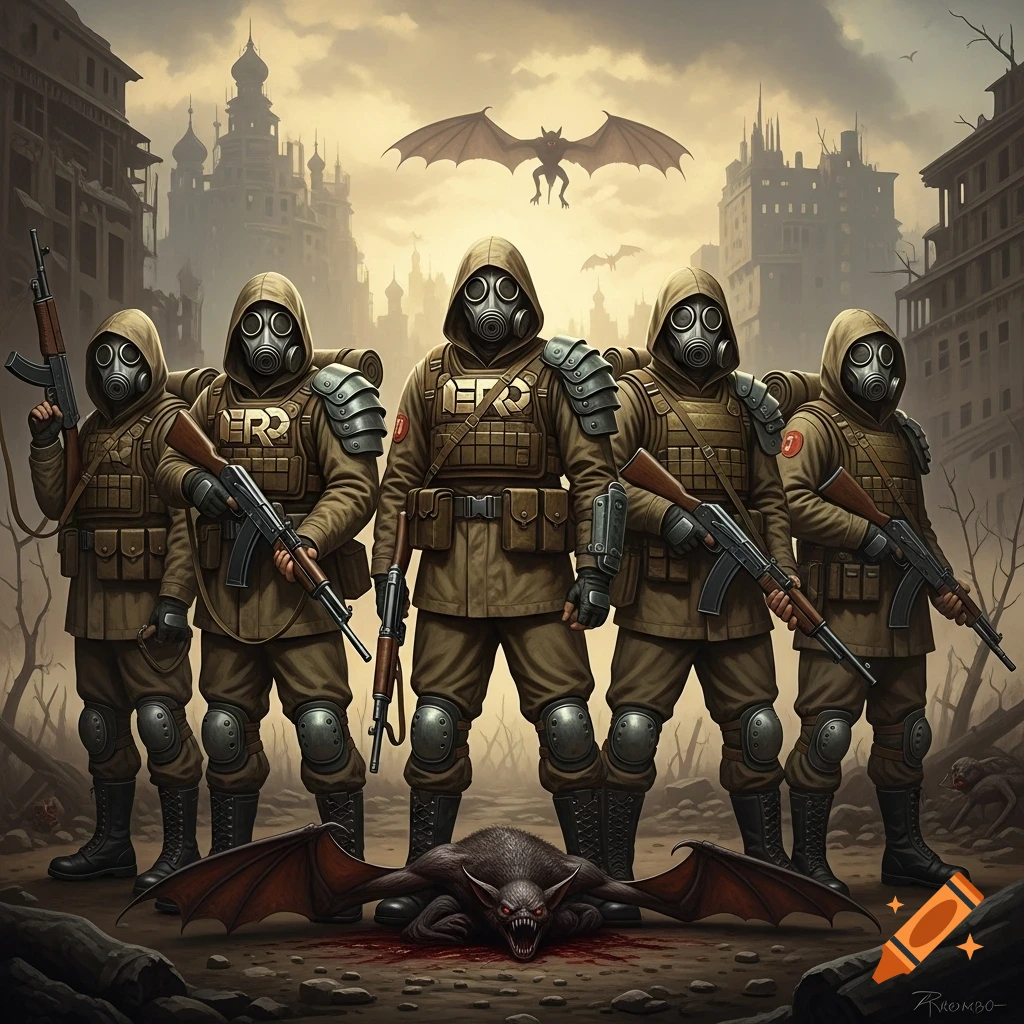 Five gas-masked soldiers in military gear stand over a dead winged ...