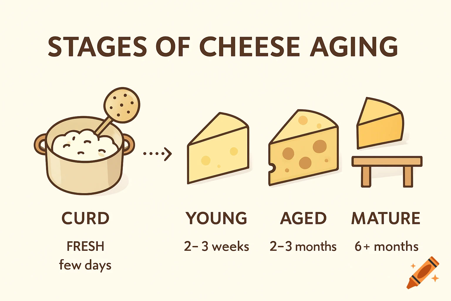 An infographic illustrating the stages of cheese aging: curd, young ...