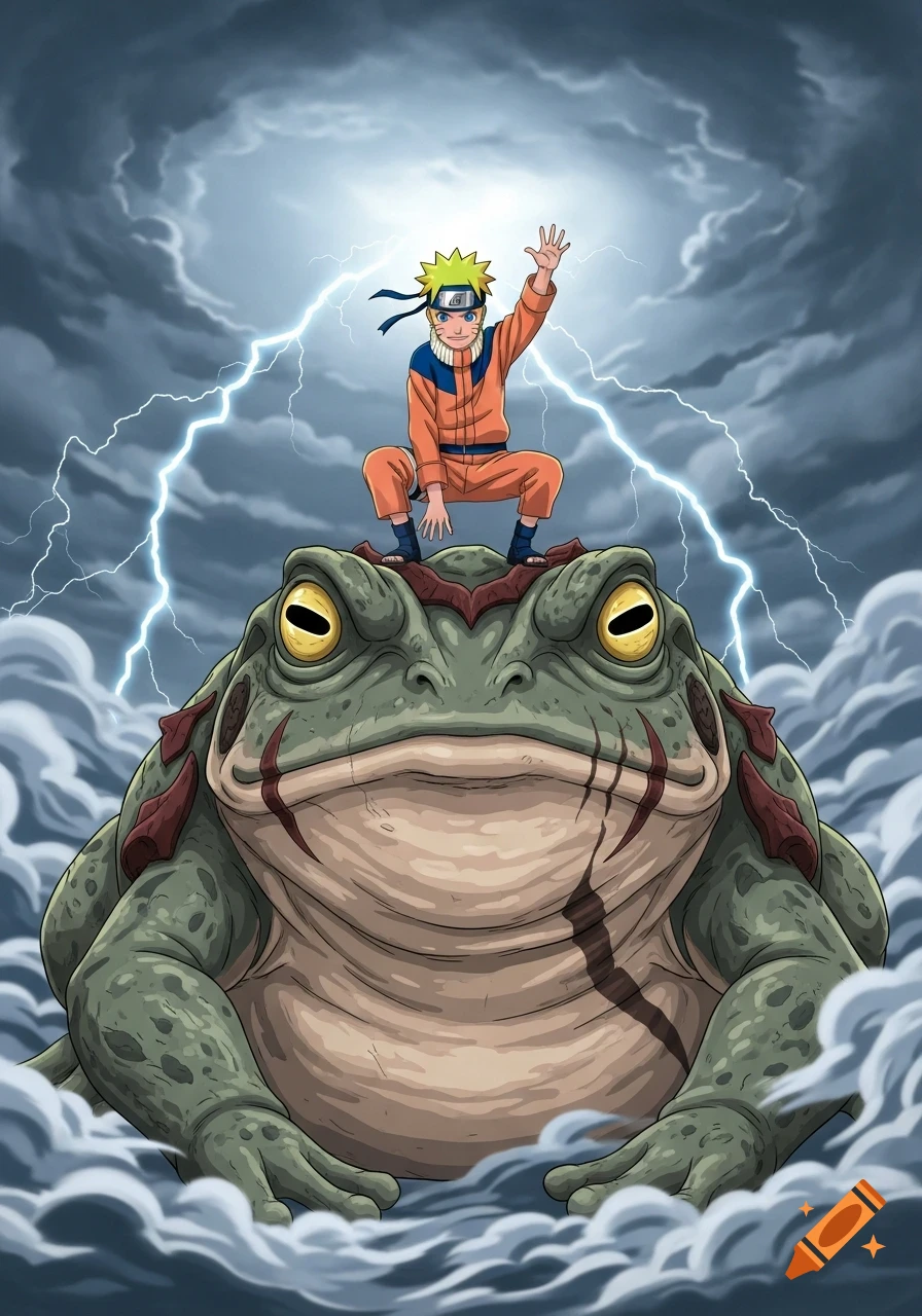Naruto Uzumaki crouches atop Gamabunta, a giant green toad, under a ...
