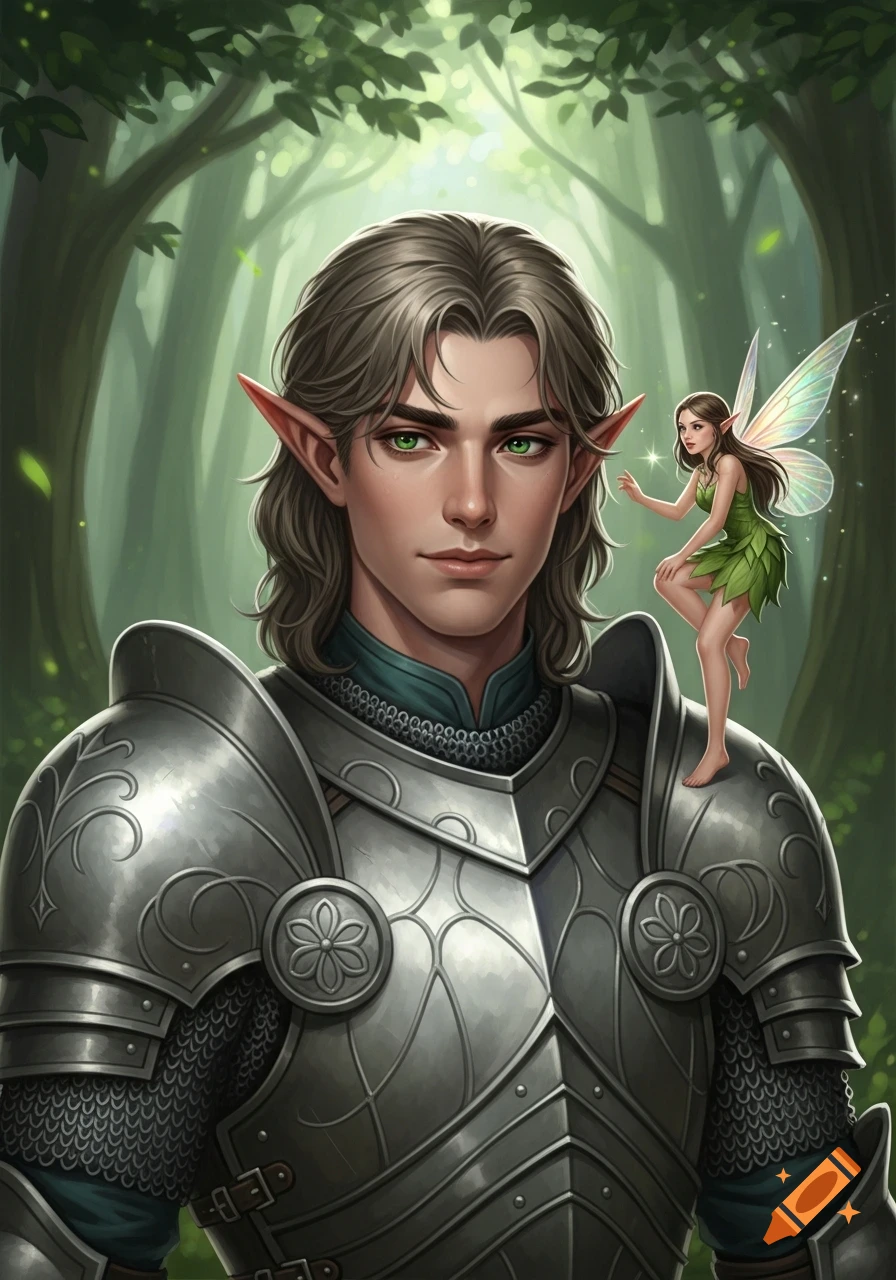 A handsome half-elf knight with green eyes and long hair, wearing ...