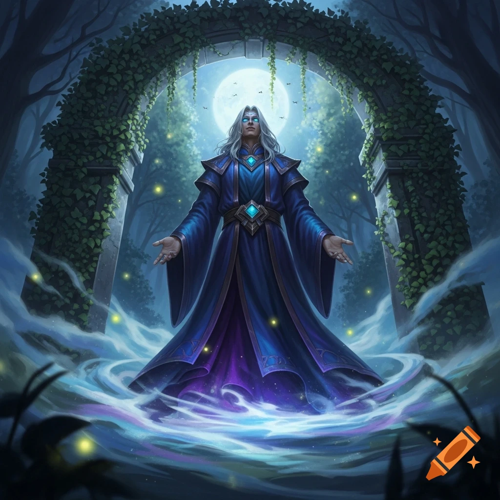 A white-haired wizard in a blue robe stands under an ivy arch in a ...