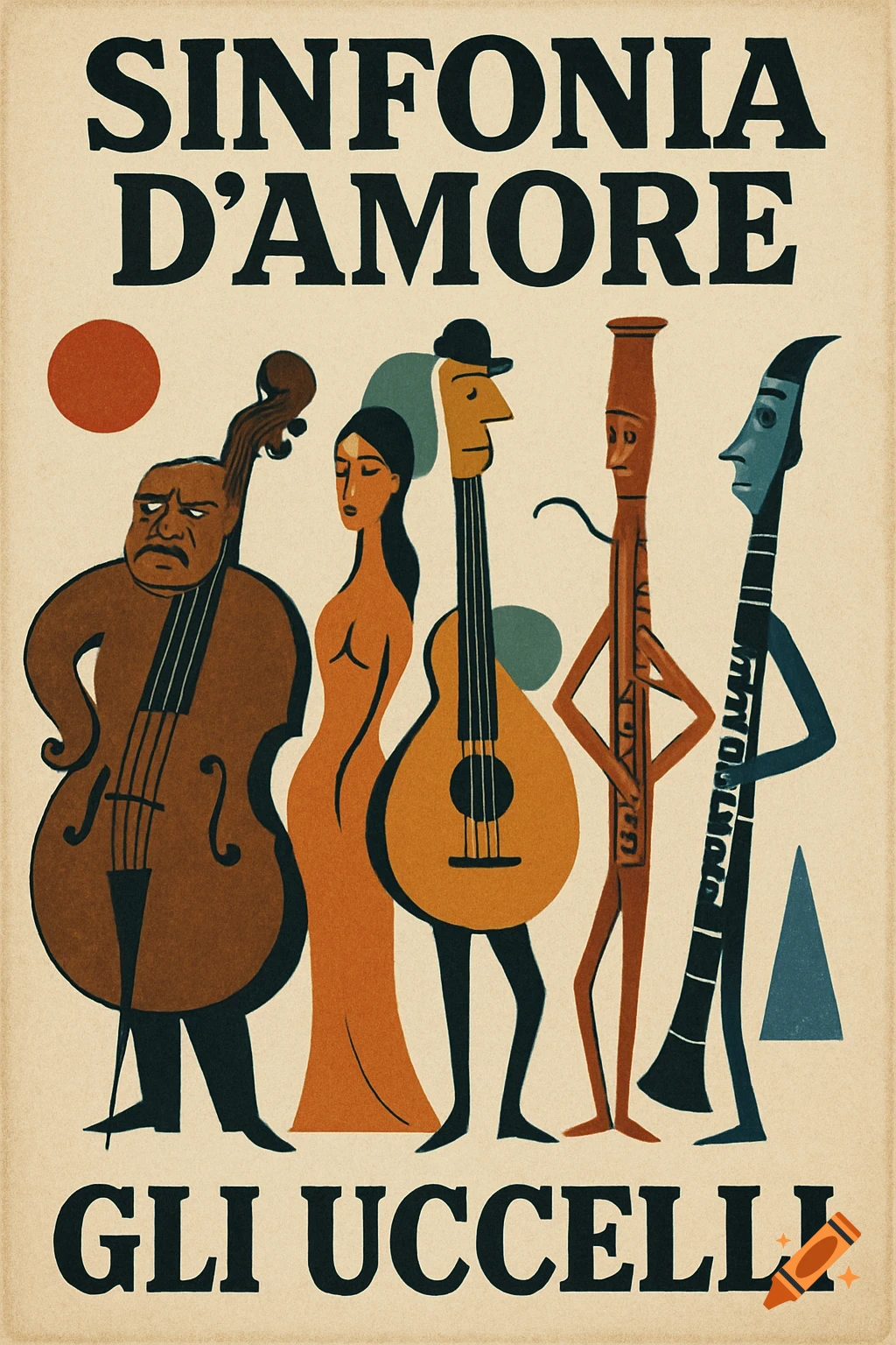 Vintage Italian theater poster with stylized musical instrument figures ...