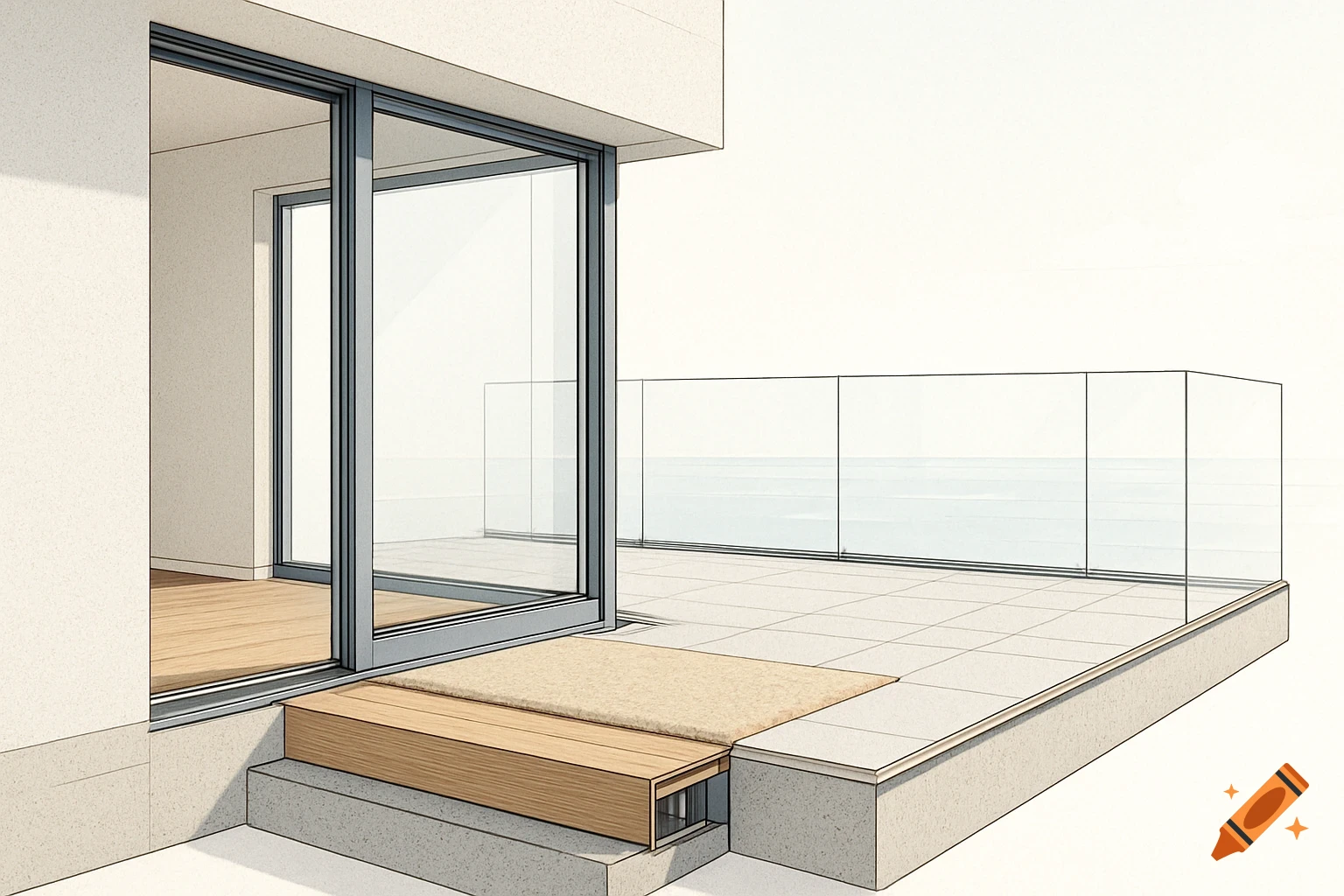 A modern architectural rendering of a sliding glass door opening to a ...