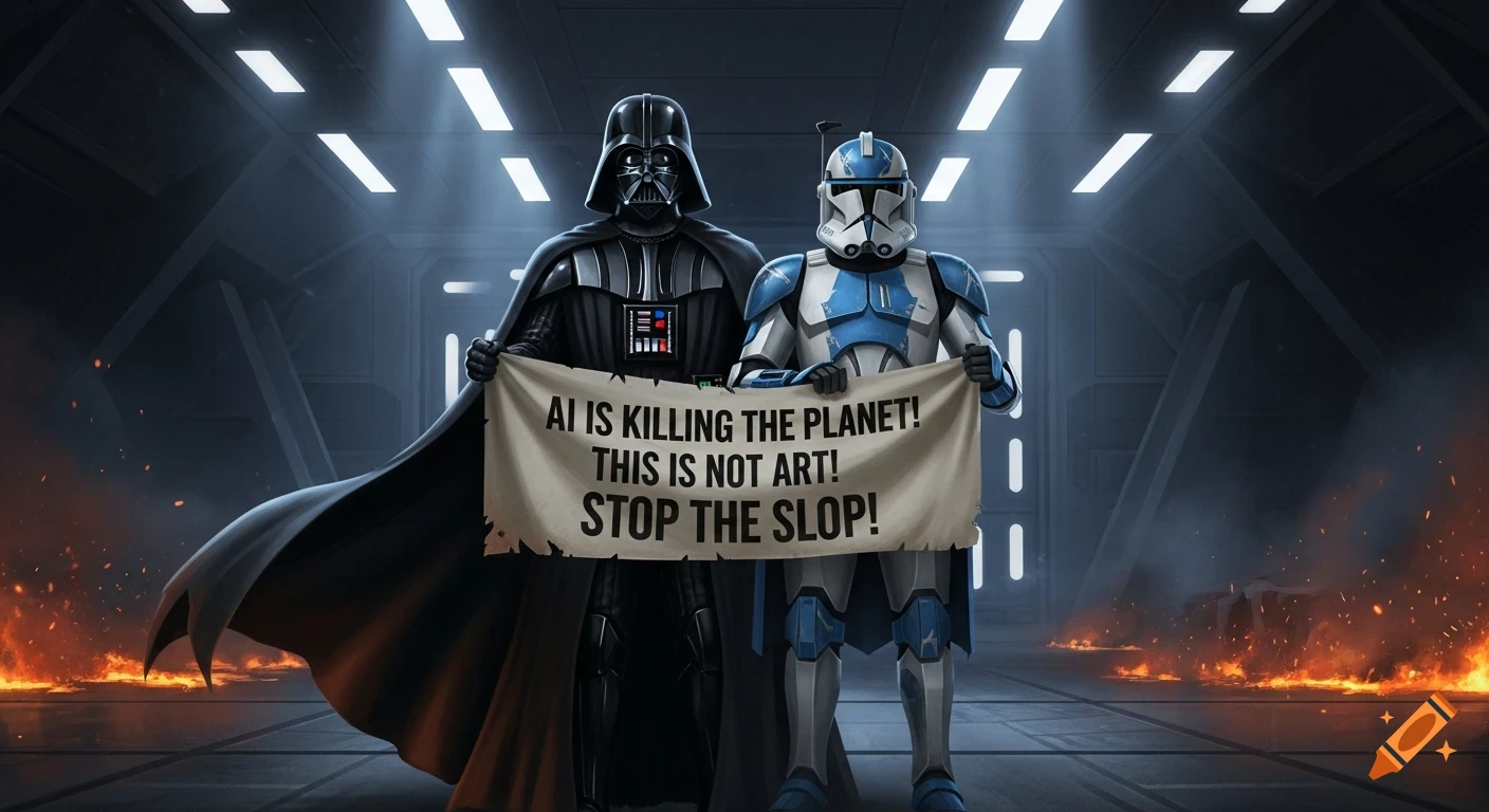 Darth Vader and Clone Captain Rex holding a banner that reads 'AI IS ...