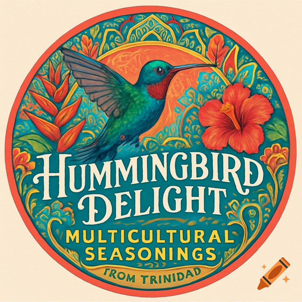 A round, vibrant label with a hummingbird, hibiscus flower, and ...