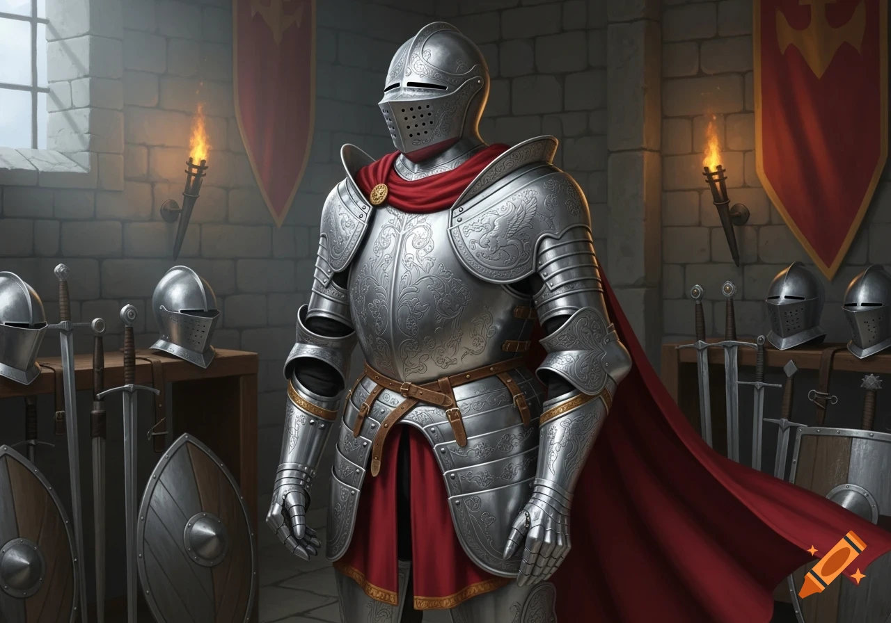 A knight in ornate silver plate armor with a red cape stands in a stone ...
