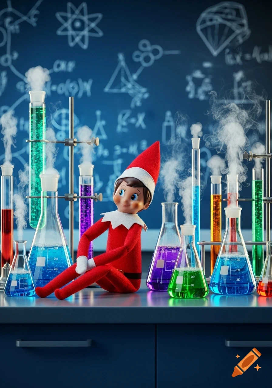 A photorealistic Elf on the Shelf sits in a chemistry lab among ...