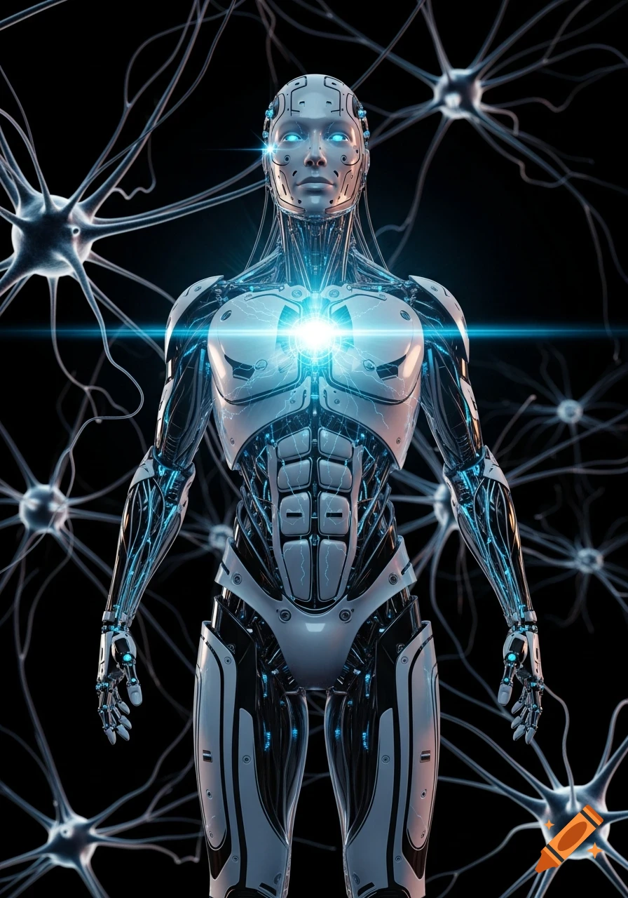 A futuristic metallic humanoid robot with glowing blue energy and a ...
