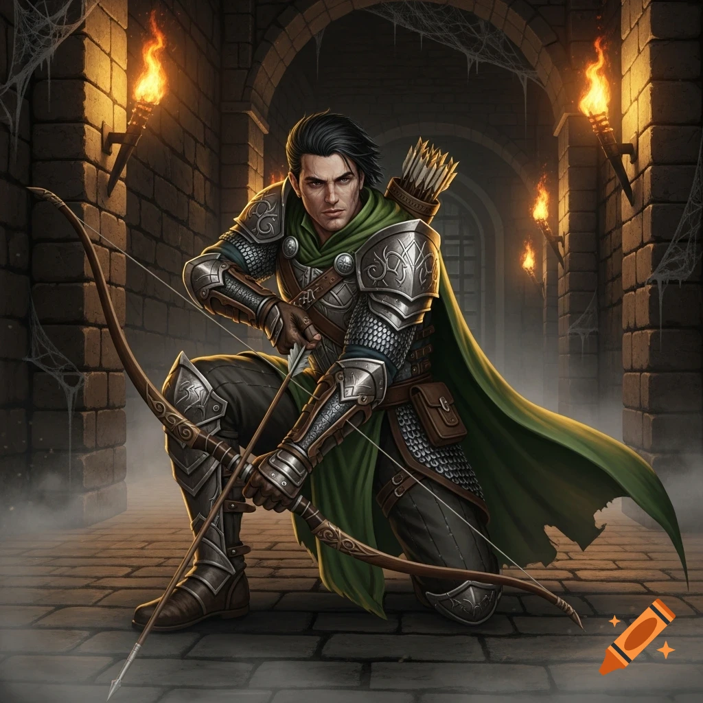 A male human ranger in ornate leather and chain armor and green cloak ...