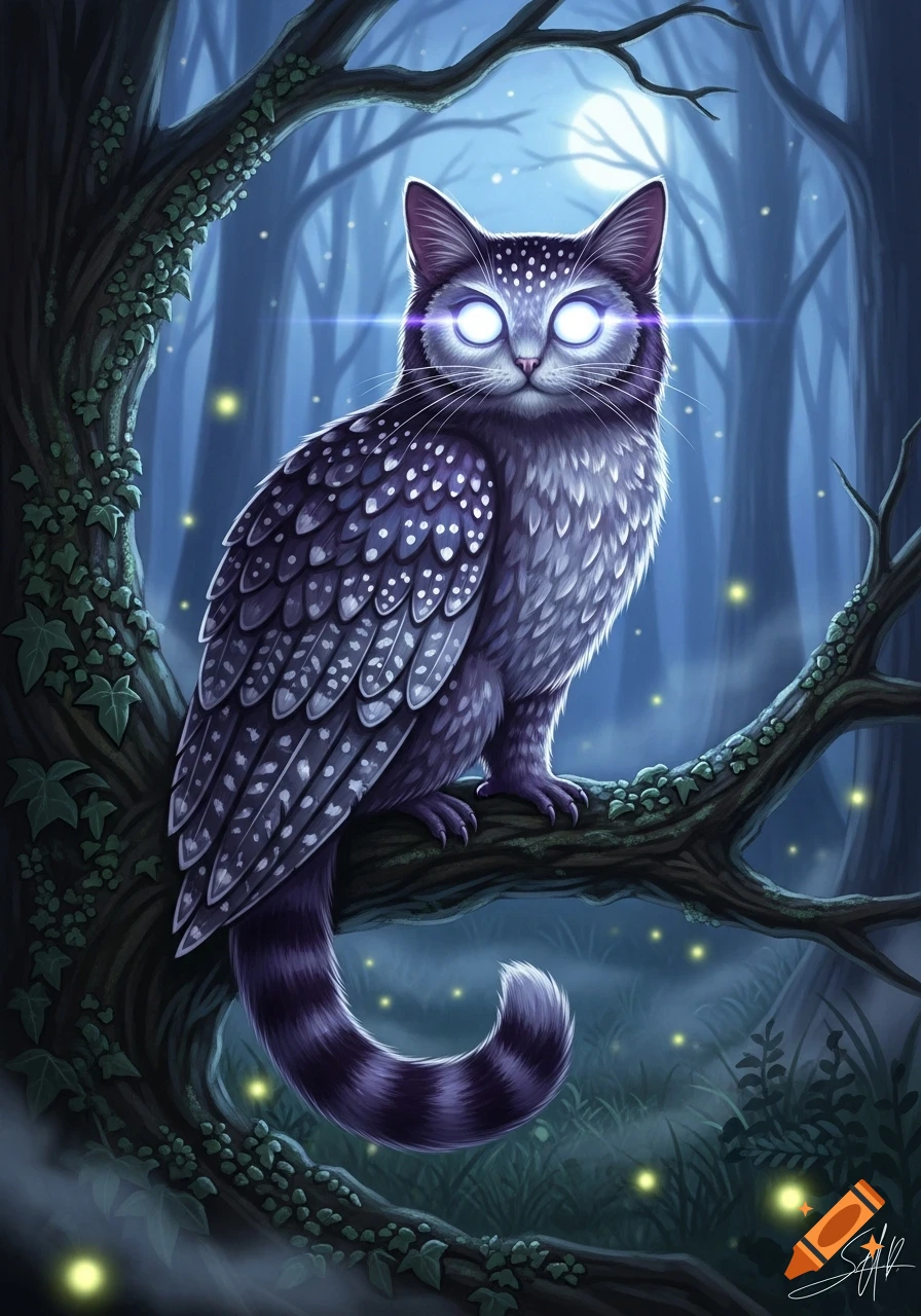 A glowing-eyed meowl, a cat-owl hybrid, sits on a tree branch in a ...