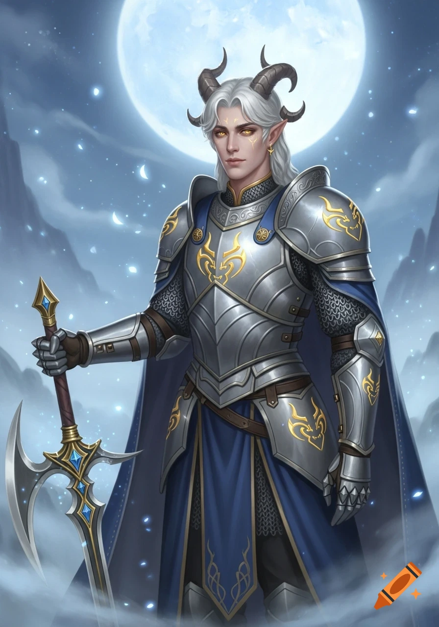A horned elf-like man in ornate silver and gold armor holds a glaive ...